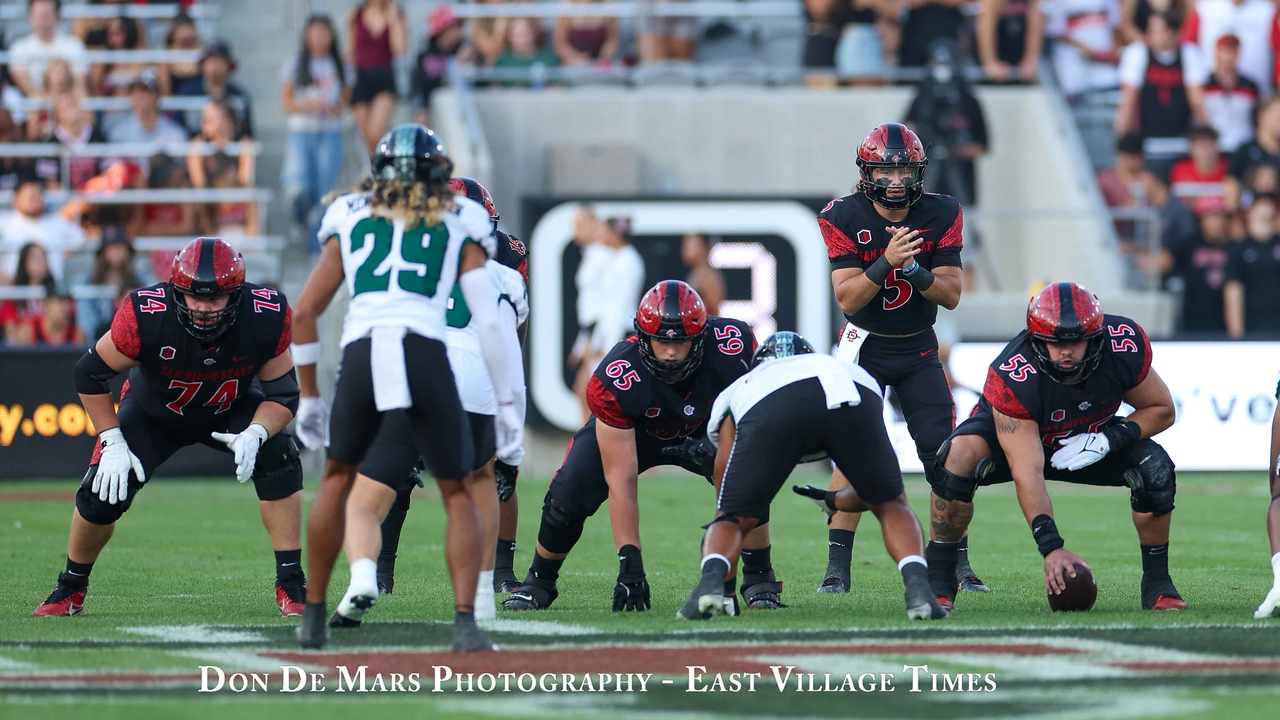 SDSU's Tyler McMahan and Saipale Fuimaono are ready to play